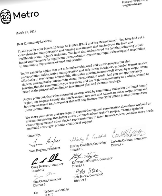 In unanimous letter, Metro council says they agree with coalition on ...